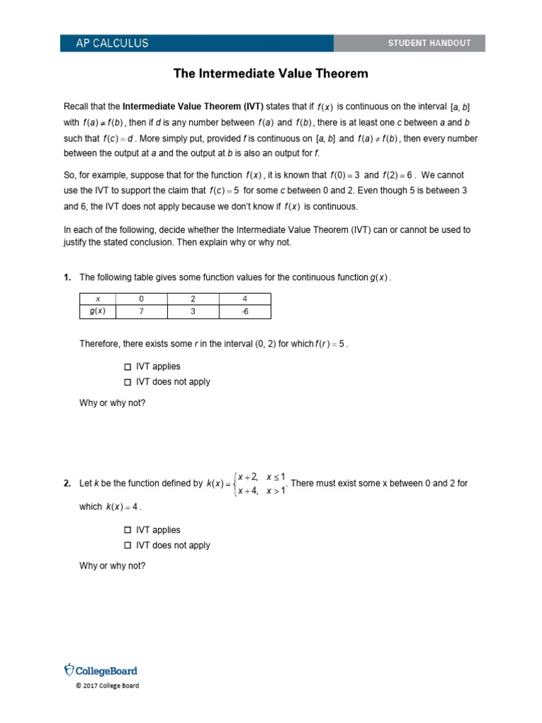 Unit 1 Topic 3 IVT Practice | PDF | Function (Mathematics) | Mathematics