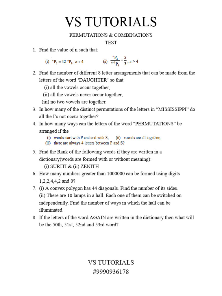Permutations & Combinations Test | PDF
