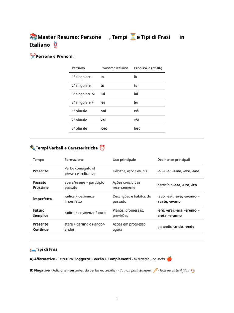 Persone, Tempi e Frasi in Italiano | PDF | Linguística | Famílias ...