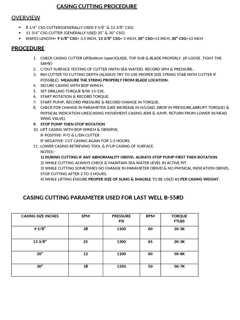 Casing Cutting Procedure Guide | PDF