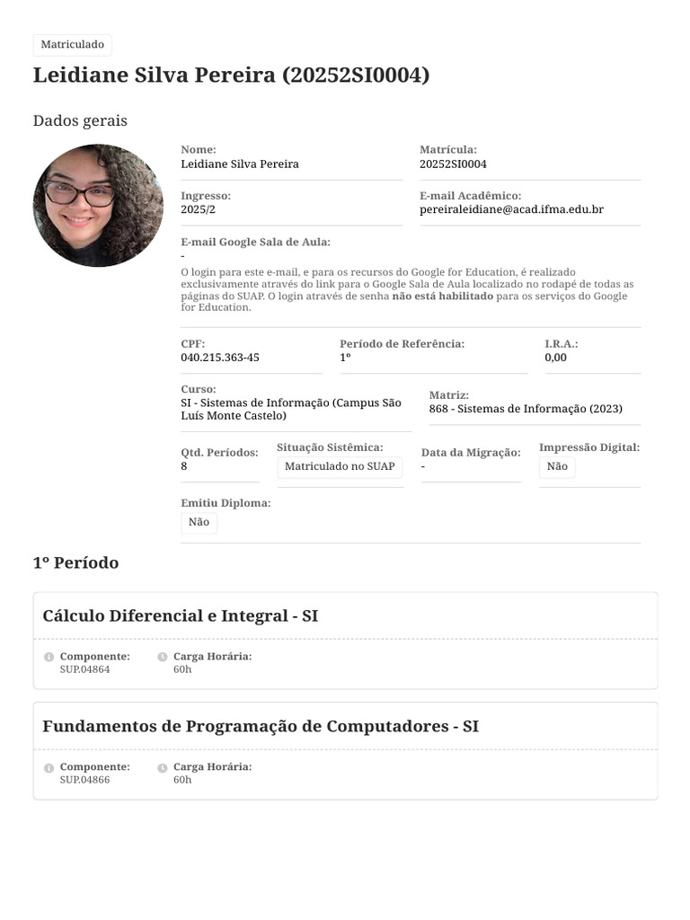 Leidiane Silva Pereira (20252SI0004) - SUAP - Sistema Unificado de ...