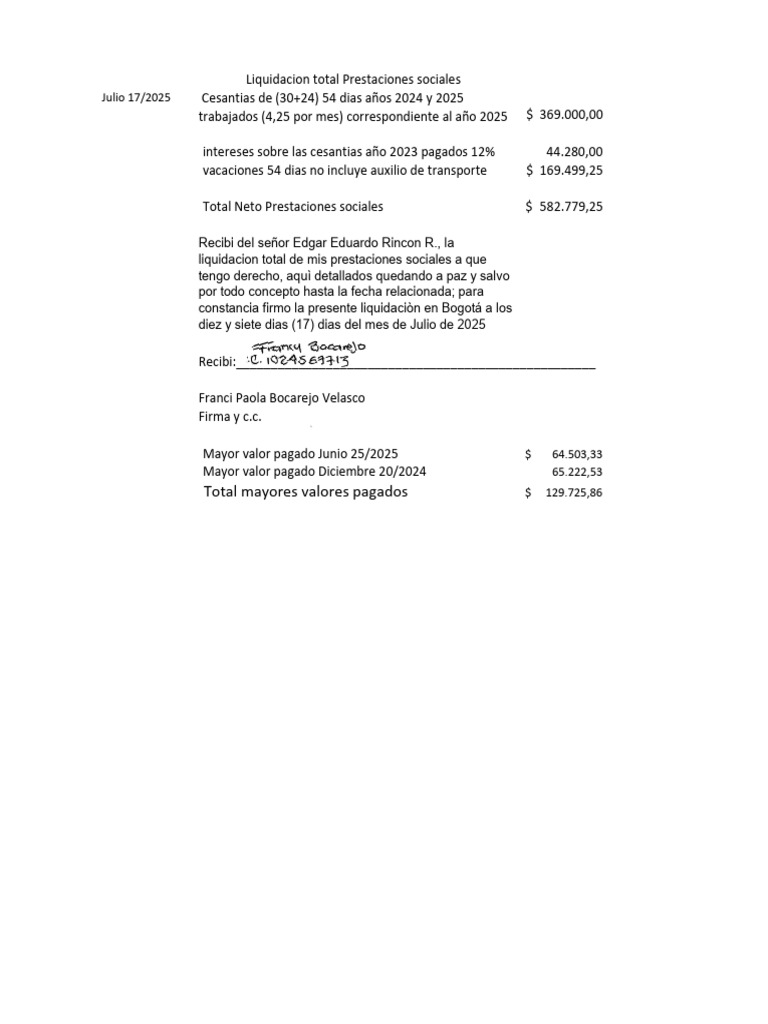 Liquidacion Franci Paola Bocarejo Velasco Julio 17 2025 | PDF