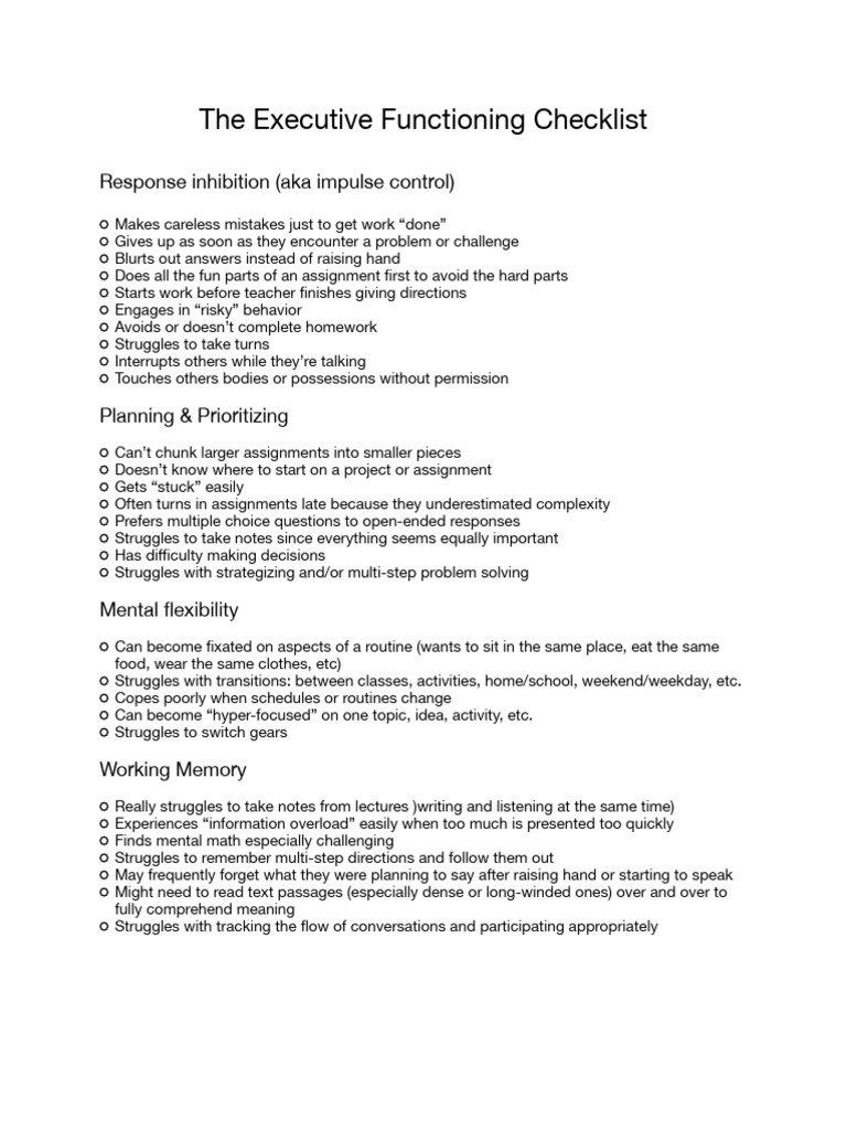 Executive Functioning Skills Checklist | PDF | Cognitive Science ...