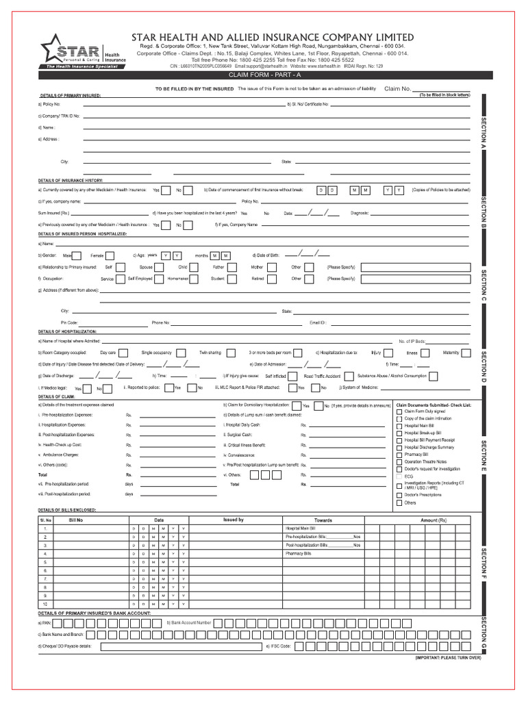Star Health Claim Form - Part A | PDF