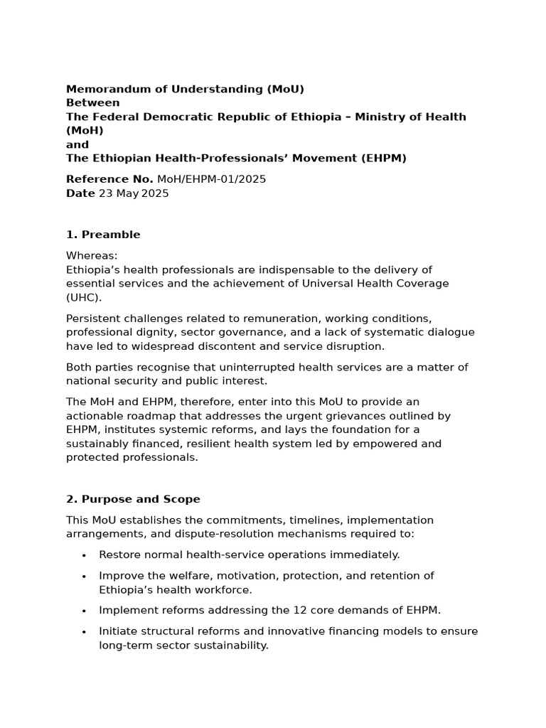 Ethiopia Health MoU for Workforce Reform | PDF | Governance