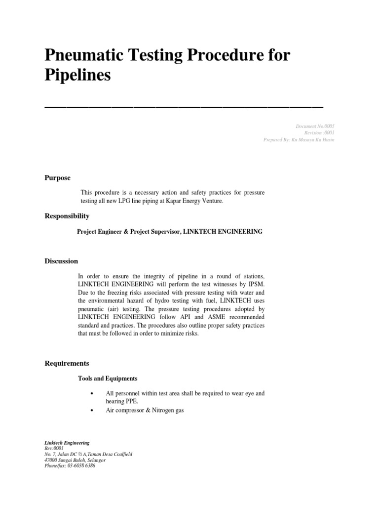 Pneumatic Pipeline Testing Procedure | PDF | Safety | Pipe (Fluid ...