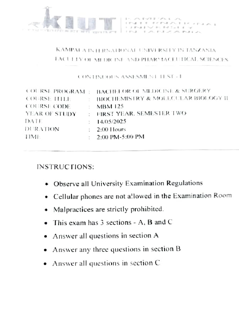 Biochemistry Cat 1 2025 | PDF | Alanine | Cancer