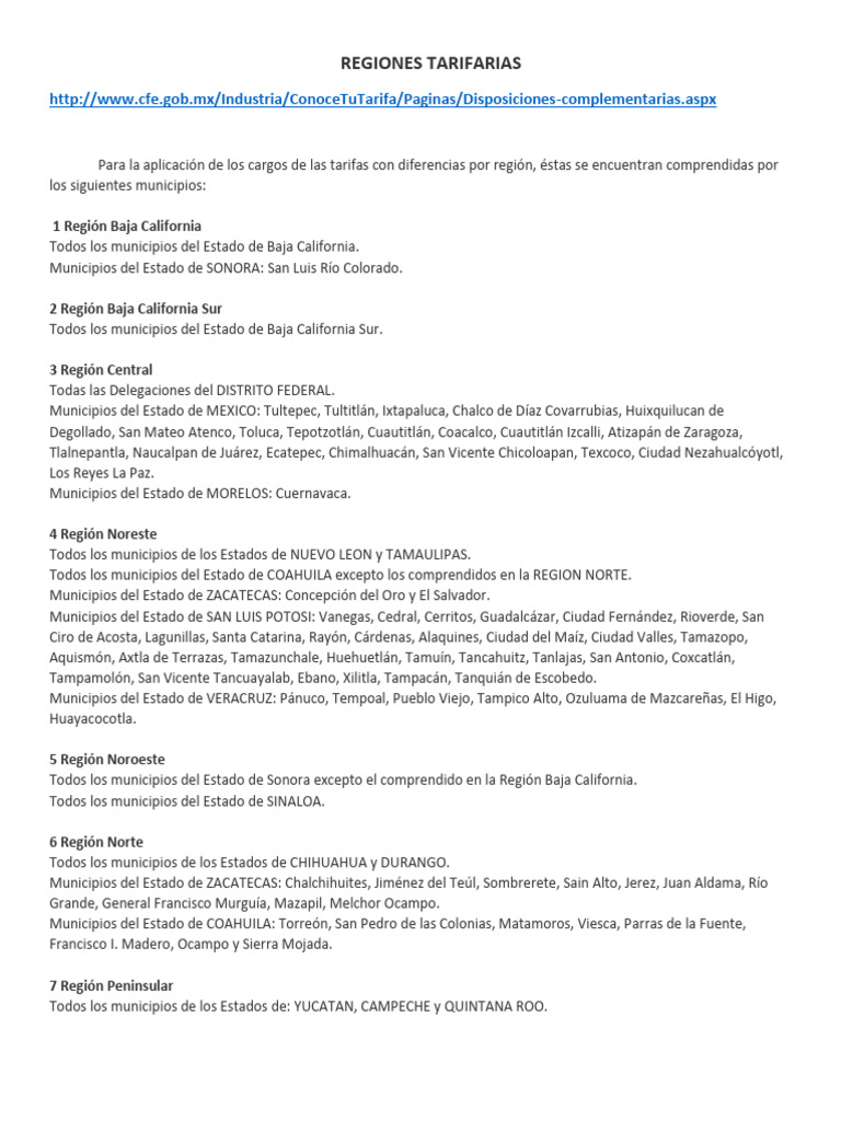 Regiones Tarifarias de CFE en México | PDF | México