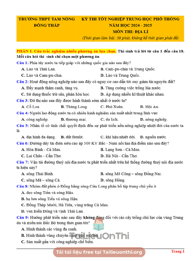10. Đề Thi Thử Tốt Nghiệp THPT 2025 Địa Lí THPT THPT Tam Nông - Đồng Tháp - Có Lời Giải | PDF