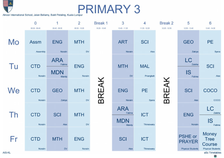 Primary 3 Class Timetable 2022 2023 | PDF
