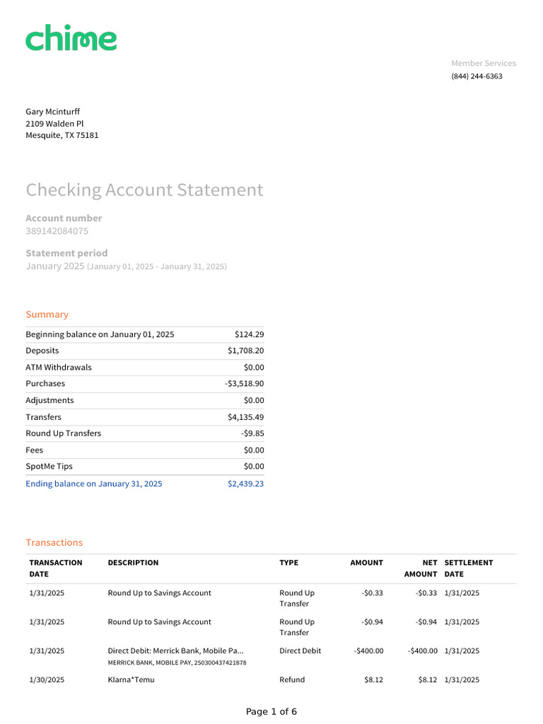Chime Checking Statement January 2025 | PDF | Debit Card | Cash