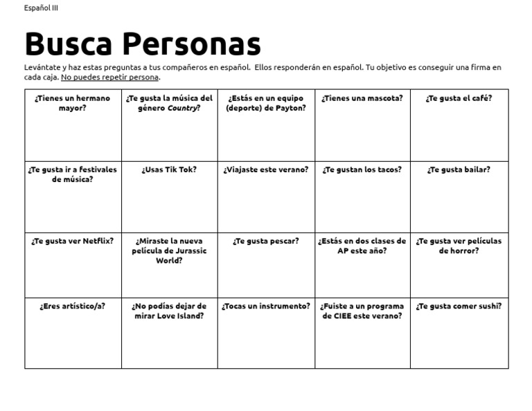 Español III Busca Personas Ice Breaker | PDF