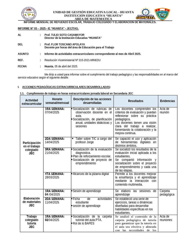 Informe Mensual de Actividades Educativas | PDF | Enseñando | Salón de ...