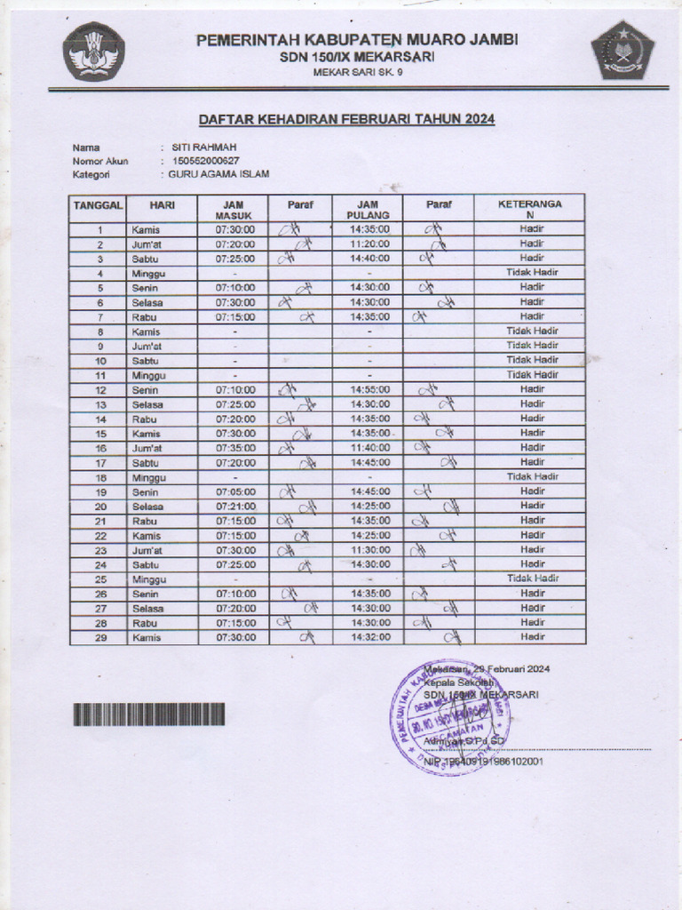 Absen Siti Rahmah - Februari 2024 | PDF