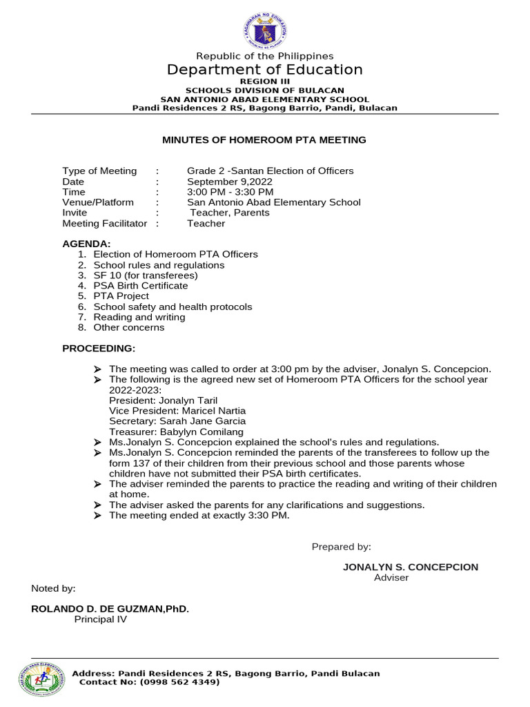 Grade 2 PTA Meeting Minutes 2022-2024 | PDF