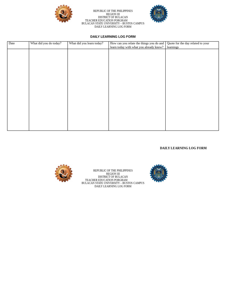 DAILY LEARNING LOG FORM | PDF