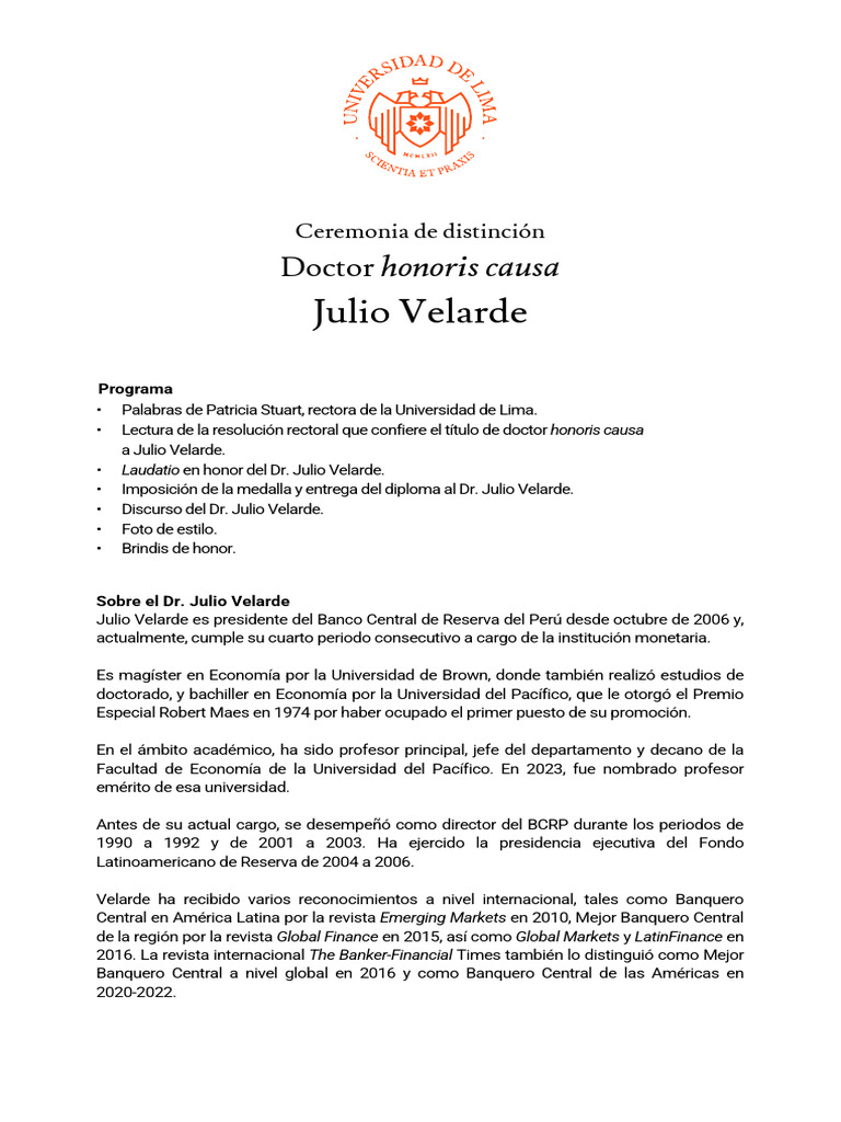 Distinción Doctor Honoris Causa a Julio Velarde | PDF