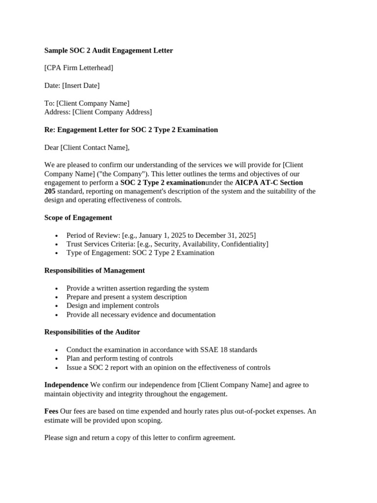 Sample SOC 2 Audit Engagement Letter | PDF