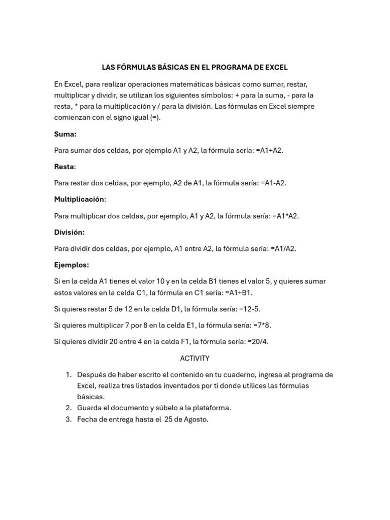 Formulas Basicas en Excel | PDF