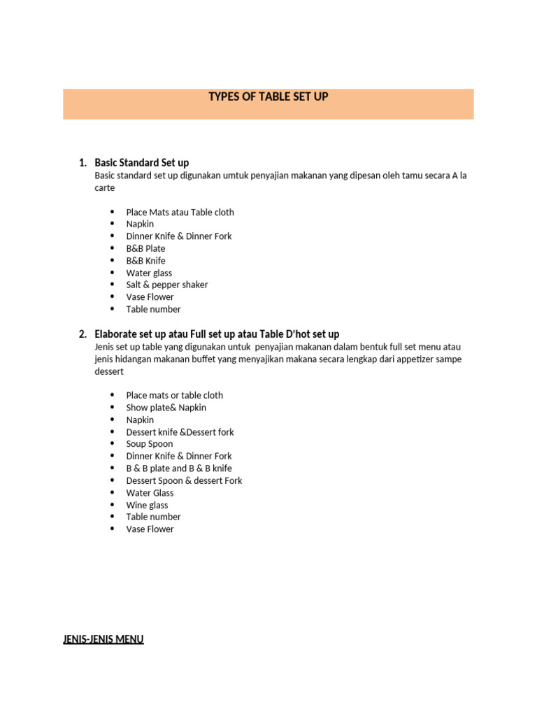 Types of Table Set Up-1 | PDF