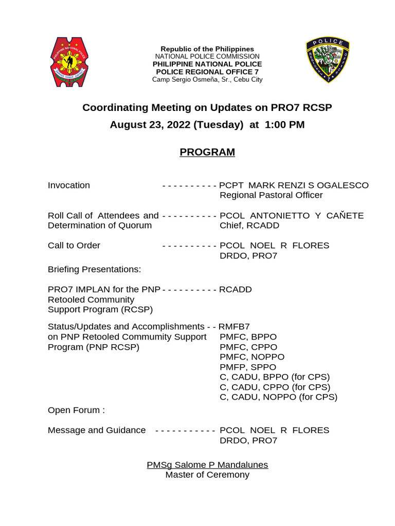 Program For Coordinating Meeting On PRO7 RCSP Updates | PDF