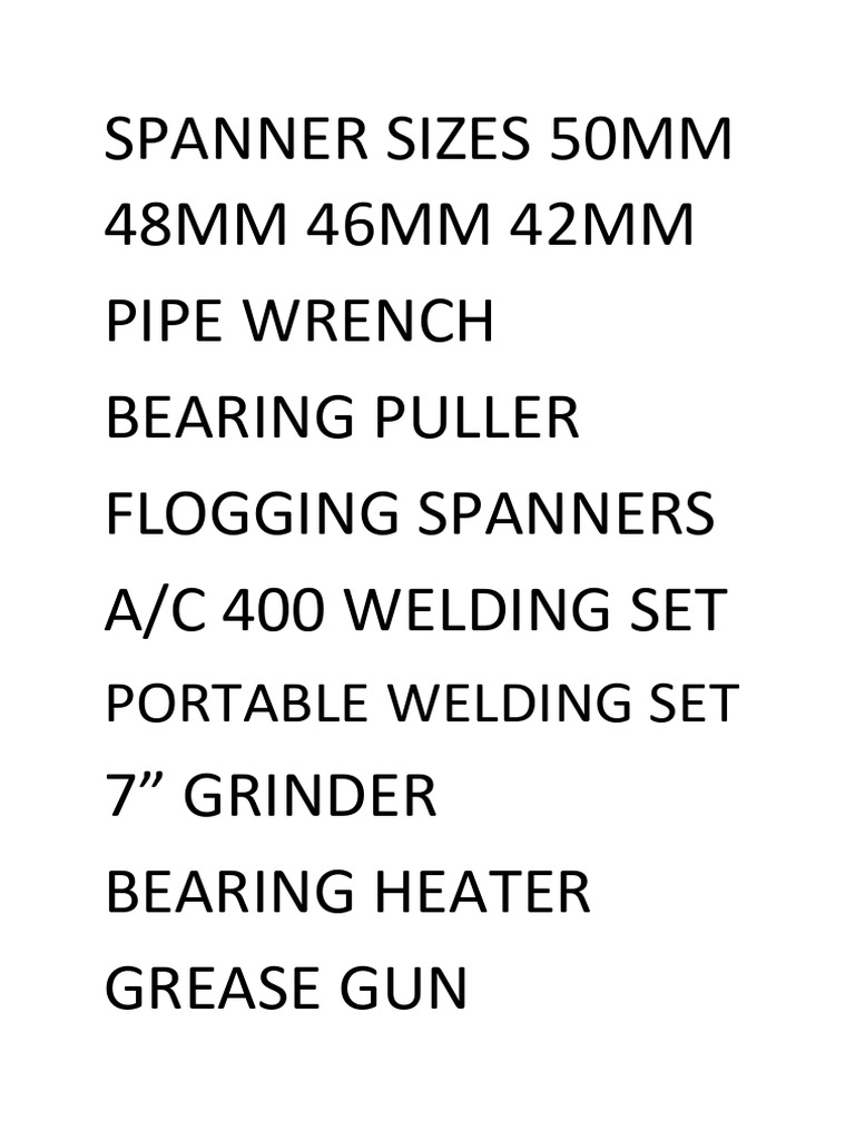 Workshop Tools and Equipment List | PDF