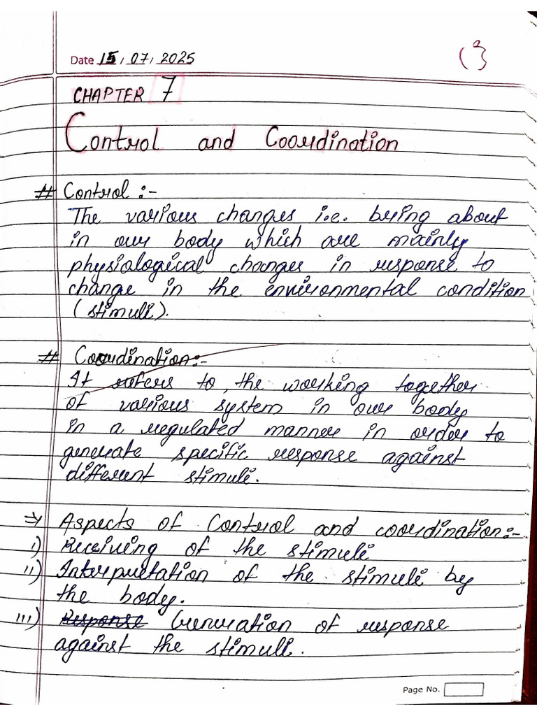 Chapter 7 Control and Coordination - Hand Written Notes | PDF