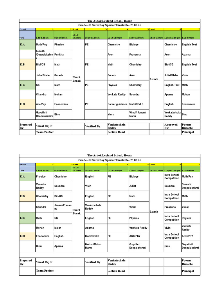 Class 11 and 12 Saturday Special Time Table | PDF