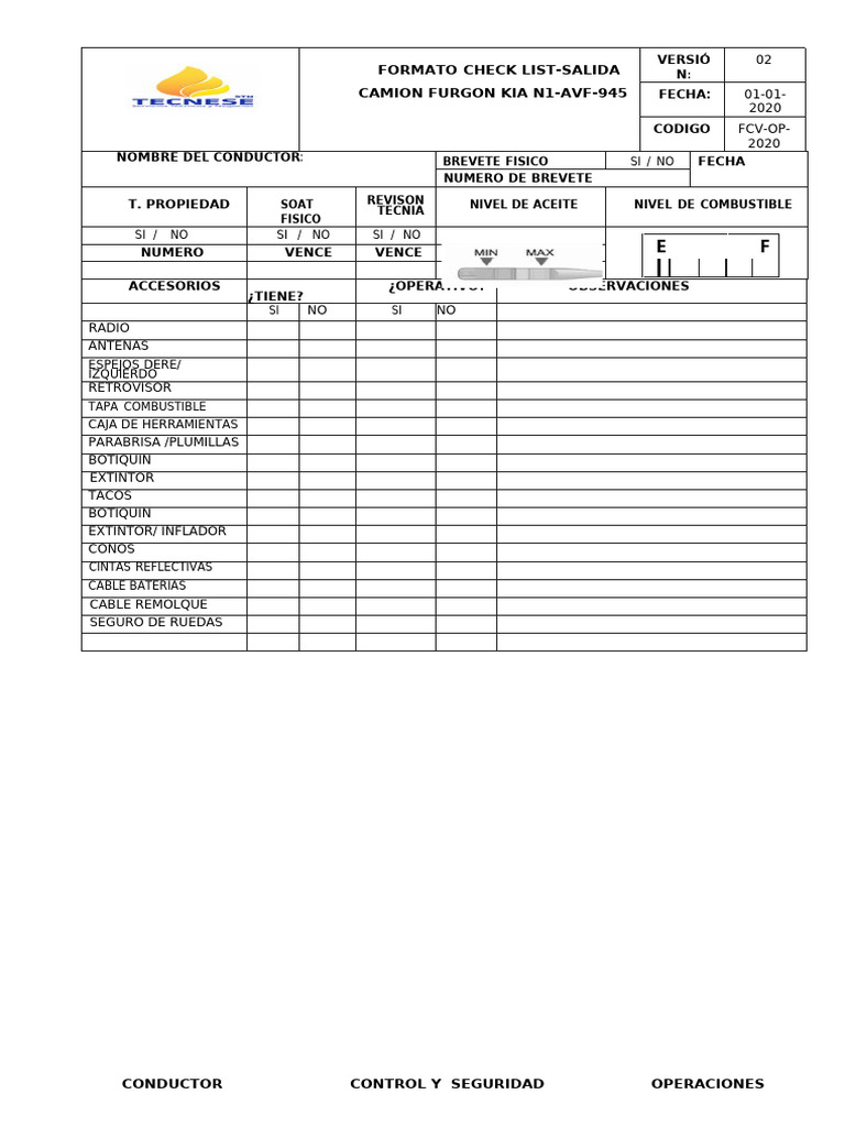 Formato de Control Vehicular-Kia N1 - 4X2 - Avf 945 Fcv-Op-2020 | PDF ...