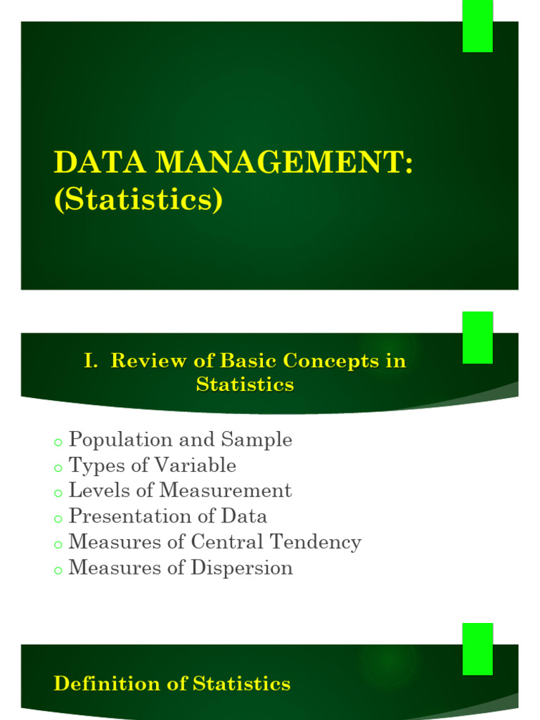 DATA MANAGEMENT STATISTICSMeasures of Central Tendency Measures | PDF ...