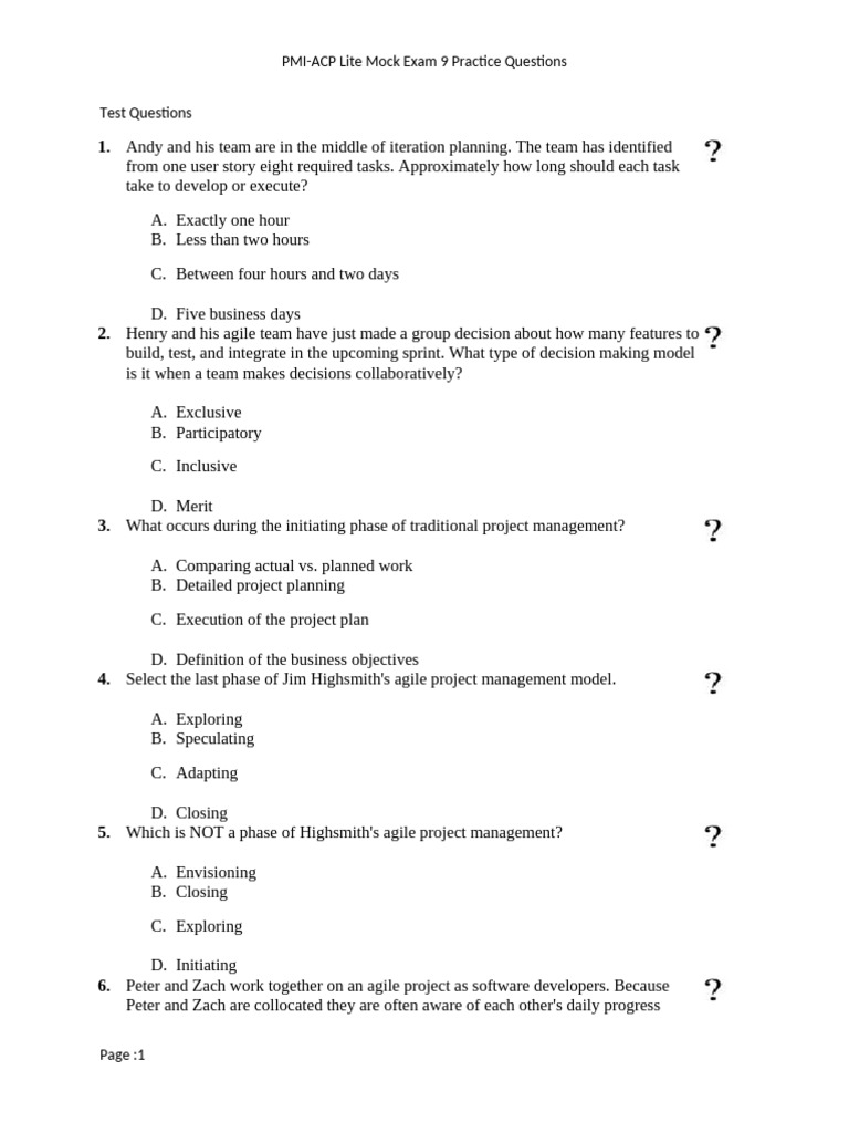 PMI-ACP Lite Mock Exam Practice Questions | PDF | Agile Software ...