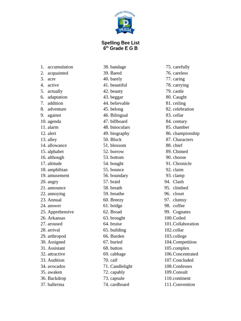 6th Grade Spelling Bee Words List | PDF