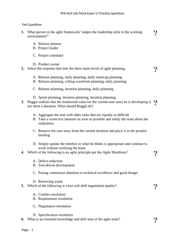 PMI-ACP Lite Mock Exam: 17 Questions | PDF | Agile Software Development ...