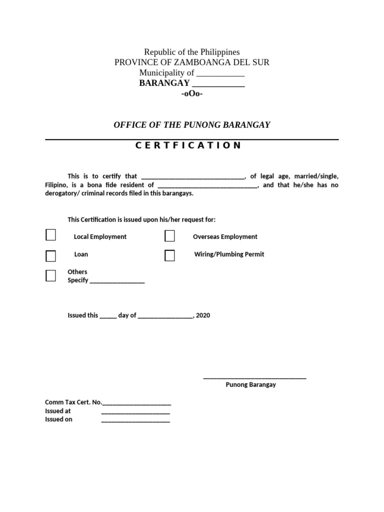 Barangay Certification Sample Template | PDF