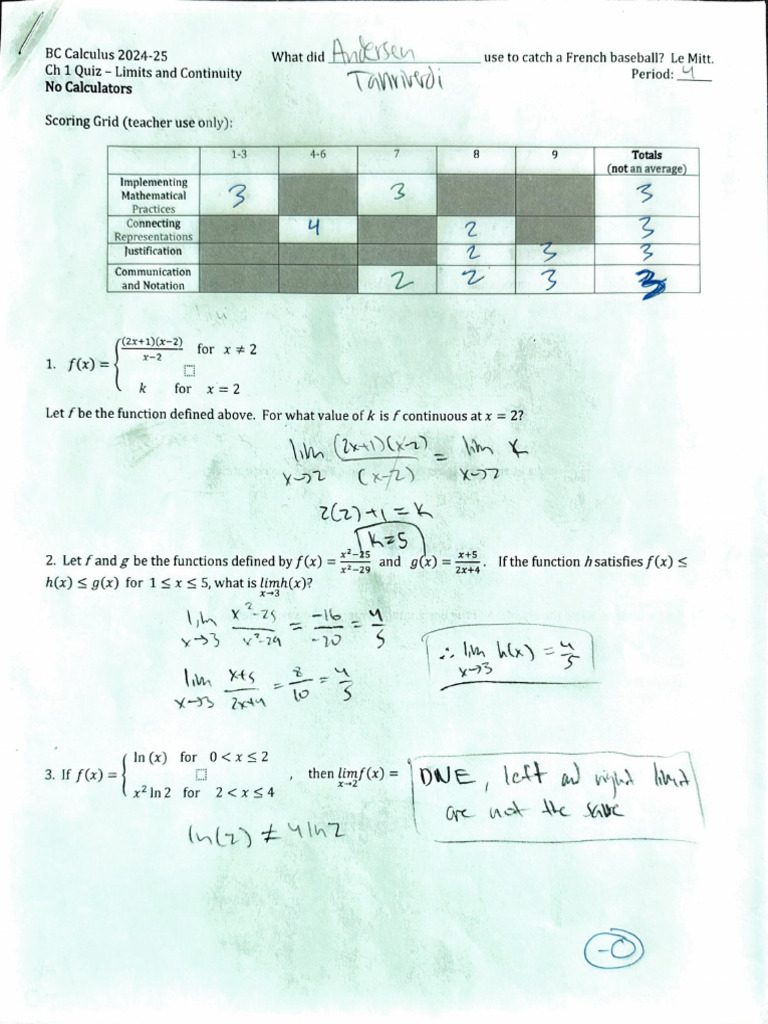 BC Calculus Limits and Continuity Quiz | PDF | Function (Mathematics ...