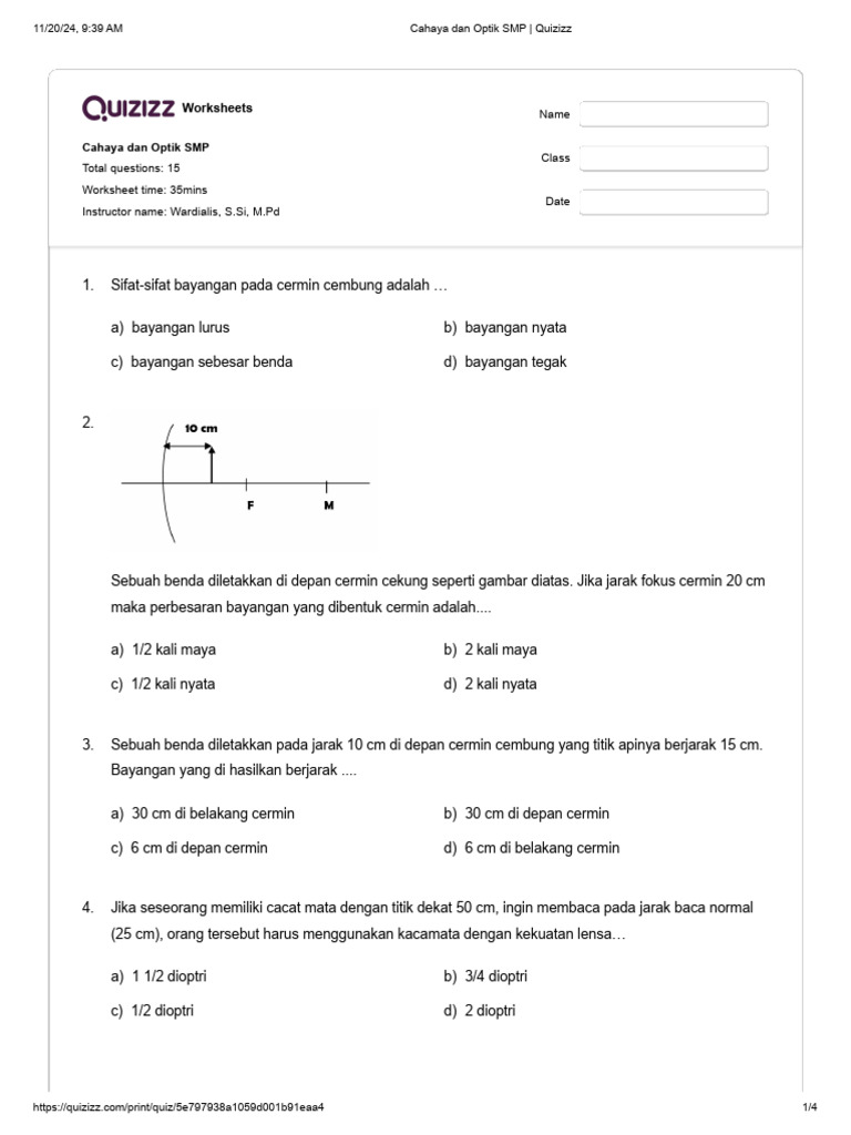 Soal Cahaya dan Optik SMP 15 Pertanyaan | PDF