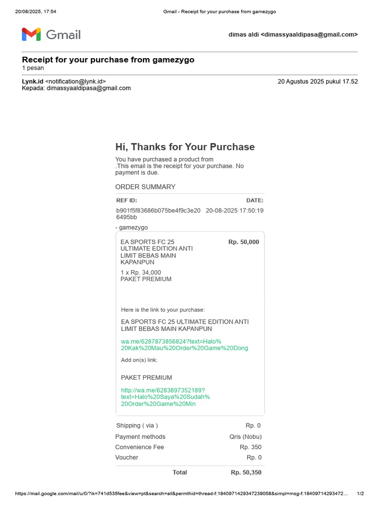 Gamezygo Purchase Receipt for EA Sports FC 25 | PDF | Payments ...