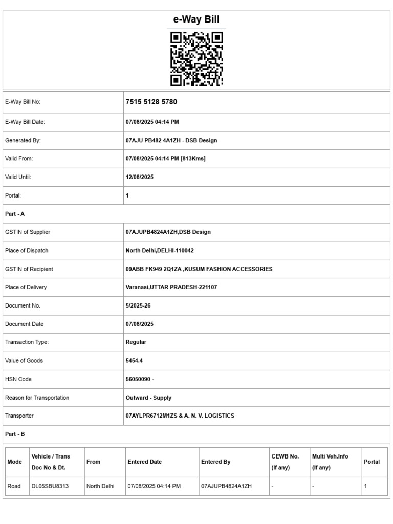 E-Way Bill Details for DSB Design | PDF