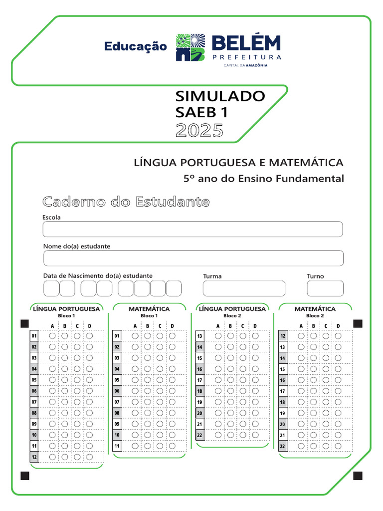 Simulado Saeb 1 - LP e Mat - 5º Ano | PDF | Internet | Gramática