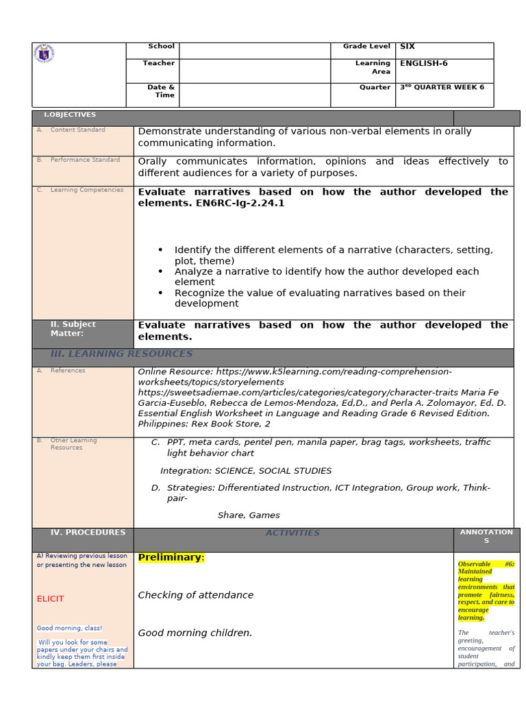 Evaluating Narrative Elements in English 6 | PDF | Narrative | Narration
