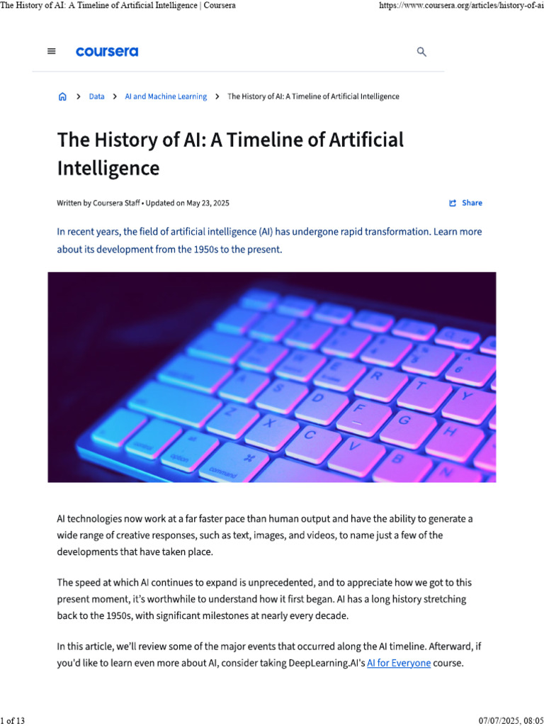 The History of AI_ a Timeline of Artificial Intelligence _ Coursera | PDF | Artificial ...