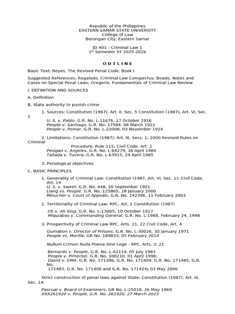 Criminal Law 1 Syllabus 2025-2026 | PDF | Misconduct | Criminal Law