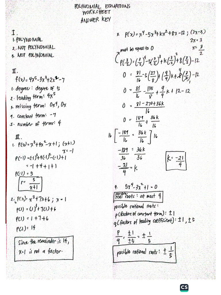 2025 2026 MATH10 Activity Worksheet Polynomial Equations Answer Key | PDF