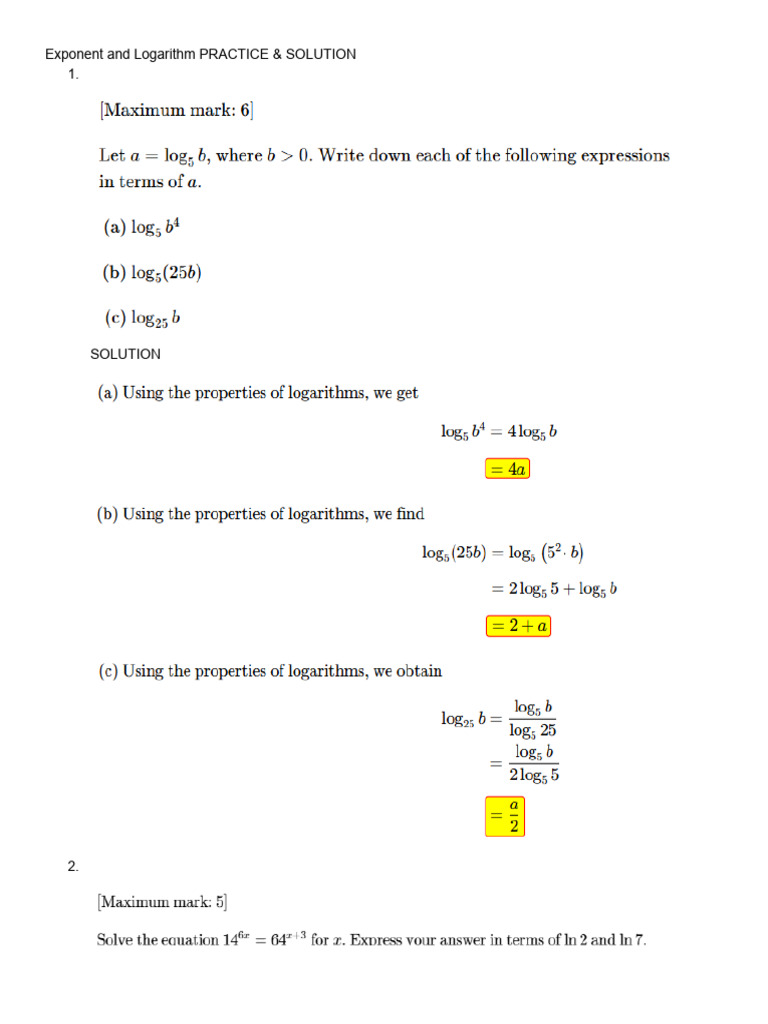 Exponent and Logarithm PRACTICE & SOLUTION | PDF