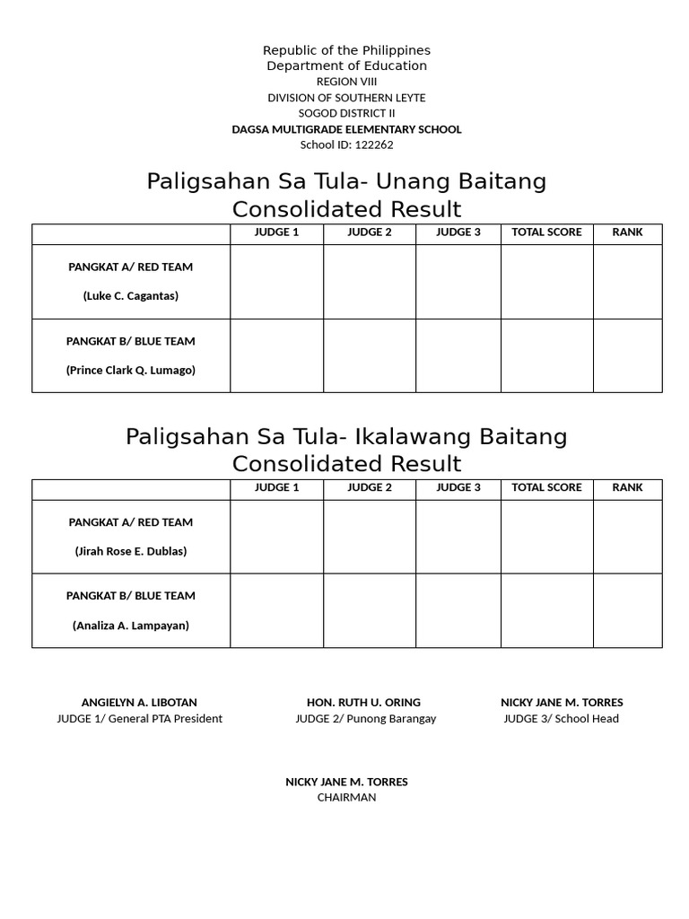 Consolidated Results of Dagsa School Events | PDF