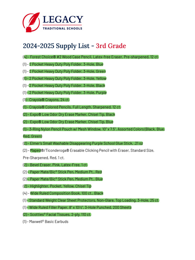 3rd Grade Supply List 24-25 | PDF