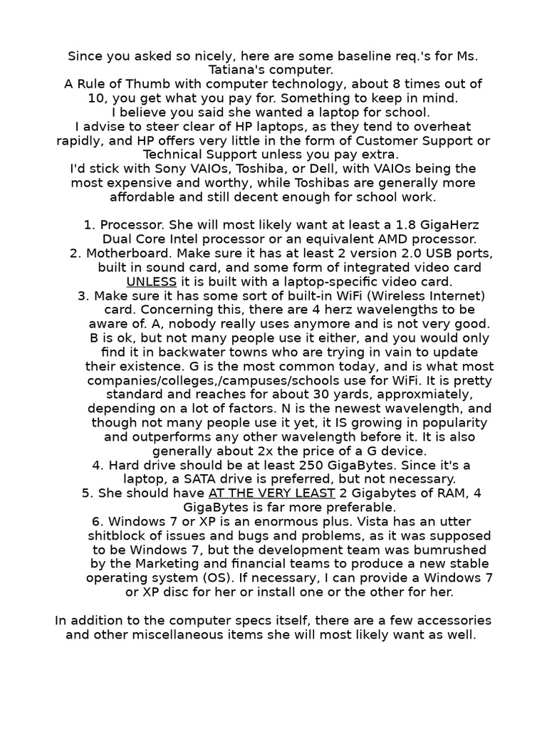 Requirements For Tat's Comp | PDF | Laptop | Usb