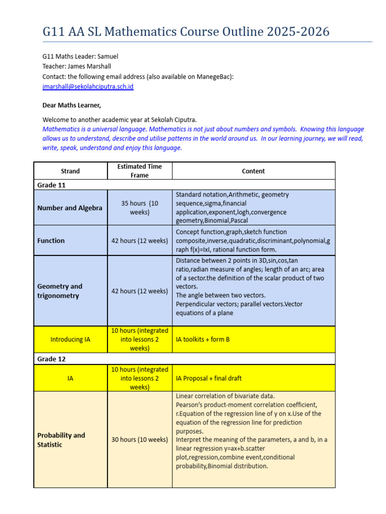 G11 AA SL Math Course Overview 2025-2026 | PDF | Polynomial | Mathematics
