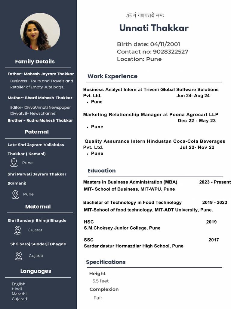 Unnati Thakkar - Biodata | PDF