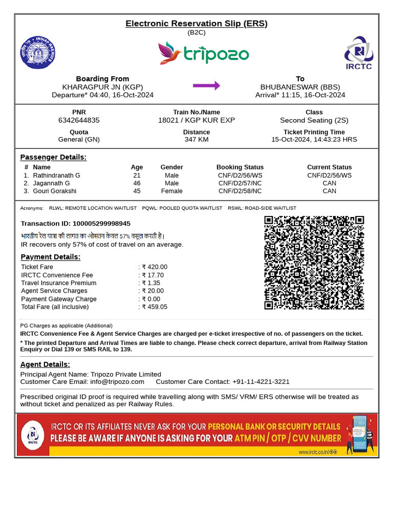 TrainTicket TT1000905610 (PNR 6342644835) | PDF | Identity Document
